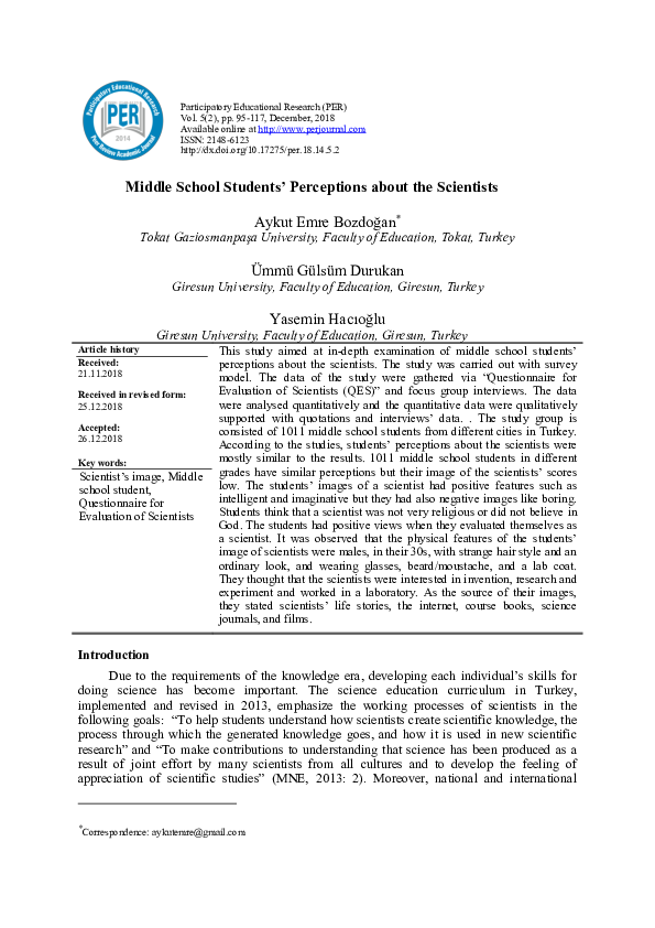 (PDF) Middle School Students’ Perceptions about the Scientists