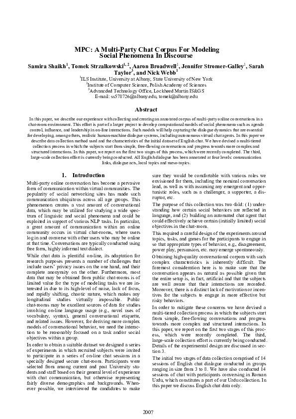 (PDF) Multi-Party Chat Corpus for Social Discourse Modeling