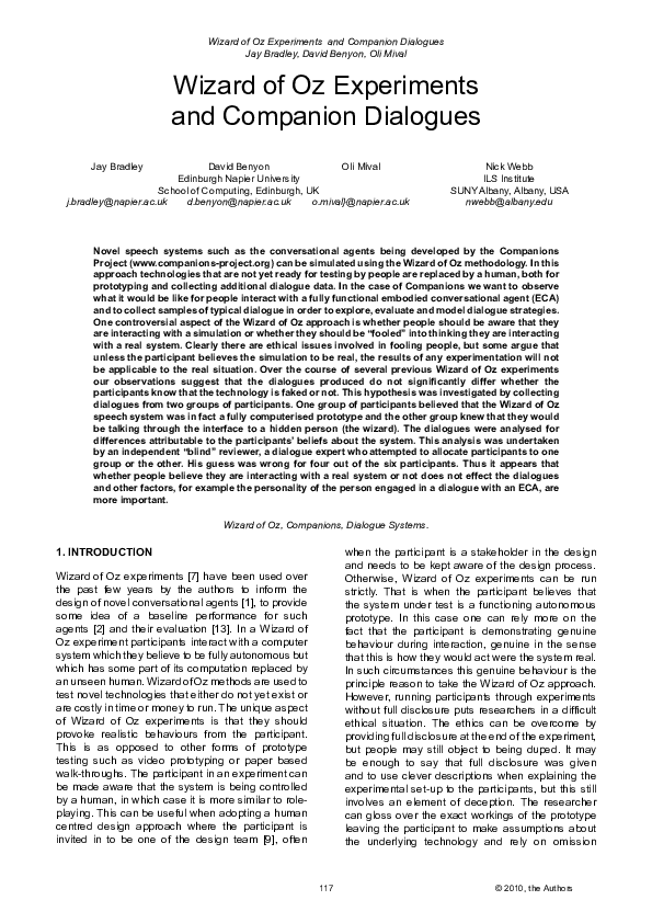 (PDF) Wizard of Oz Experiments and Companion Dialogues