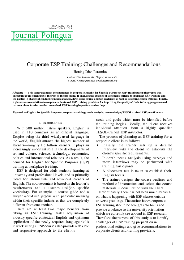(PDF) Corporate ESP Training: Challenges and Recommendations