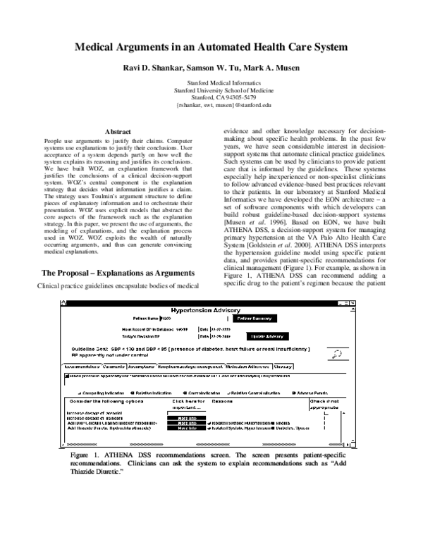 (PDF) Medical Arguments in an Automated Health Care System | Mark Musen ...