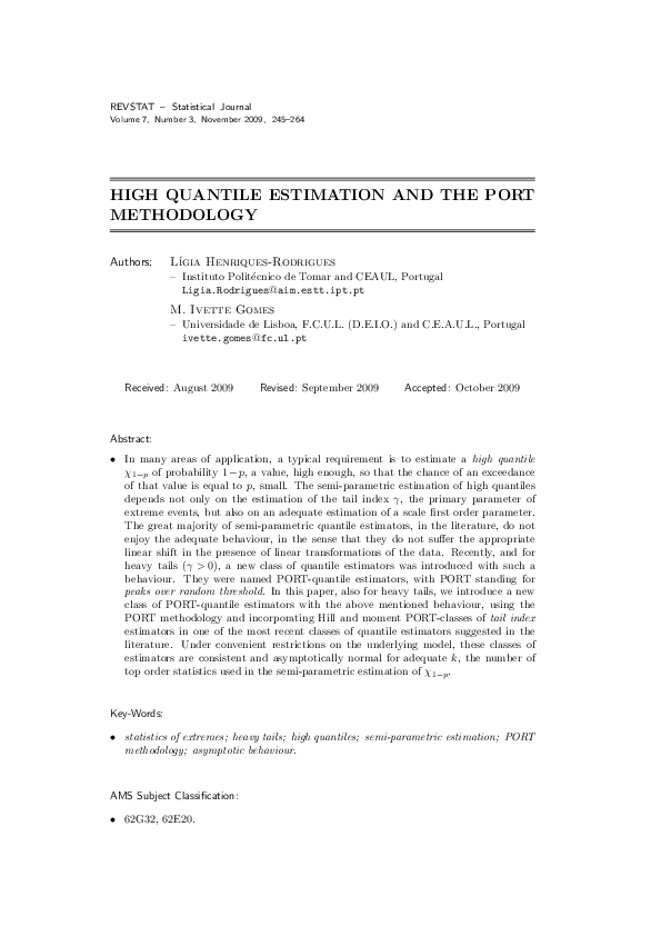 (PDF) High Quantile Estimation and the Port Methodology