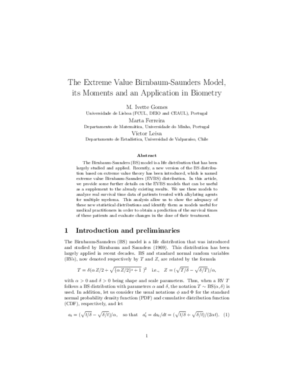 Pdf The Extreme Value Birnbaum Saunders Model Its Moments And An Application In Biometry