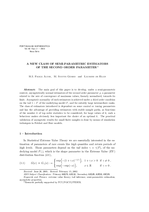 Pdf A New Class Of Semi Parametric Estimators Of The Second Order
