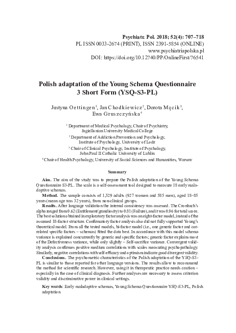 (PDF) Polish adaptation of the Young Schema Questionnaire 3 Short Form (YSQ-S3-PL)
