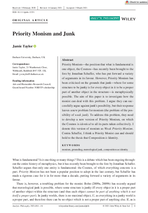 (PDF) Priority Monism and Junk (Analytic Philosophy, 2021)