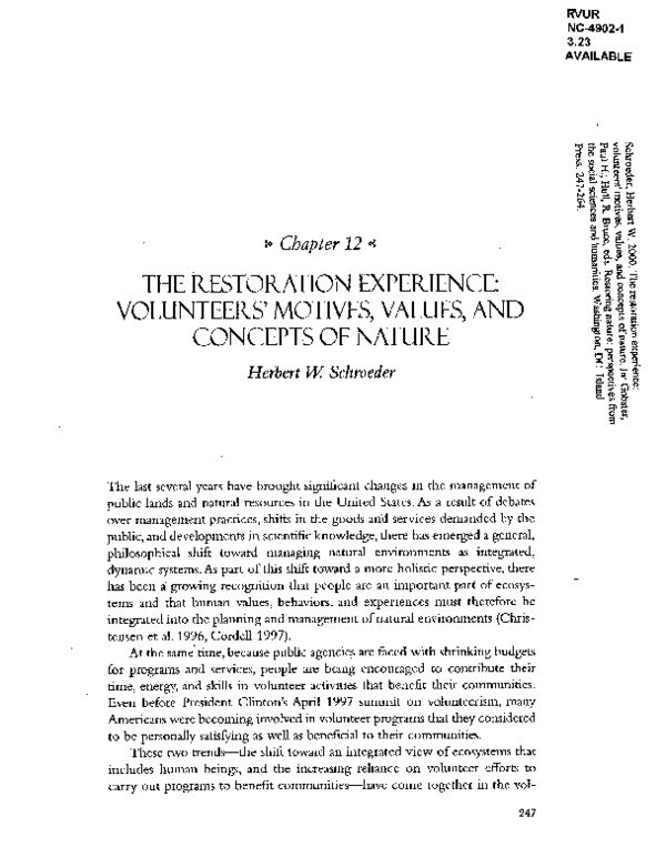 (PDF) The restoration experience: volunteers' motives, values, and ...