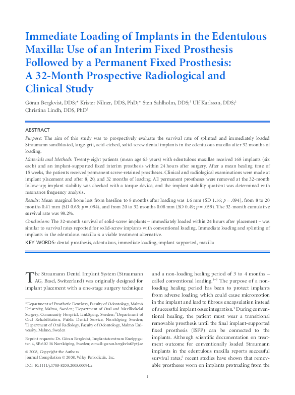 (PDF) Immediate Loading of Implants in the Edentulous Maxilla: Use of an Interim Fixed ...