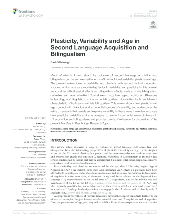 (PDF) Plasticity, Variability and Age in Second Language Acquisition and Bilingualism