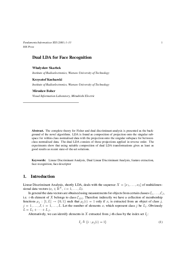 (PDF) Dual LDA for face recognition