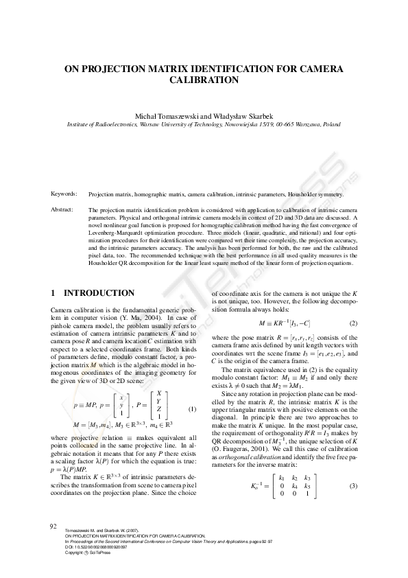 (PDF) On projection matrix identification for camera calibration