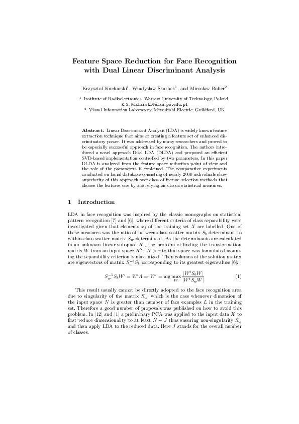 (PDF) Feature Space Reduction for Face Recognition with Dual Linear Discriminant Analysis