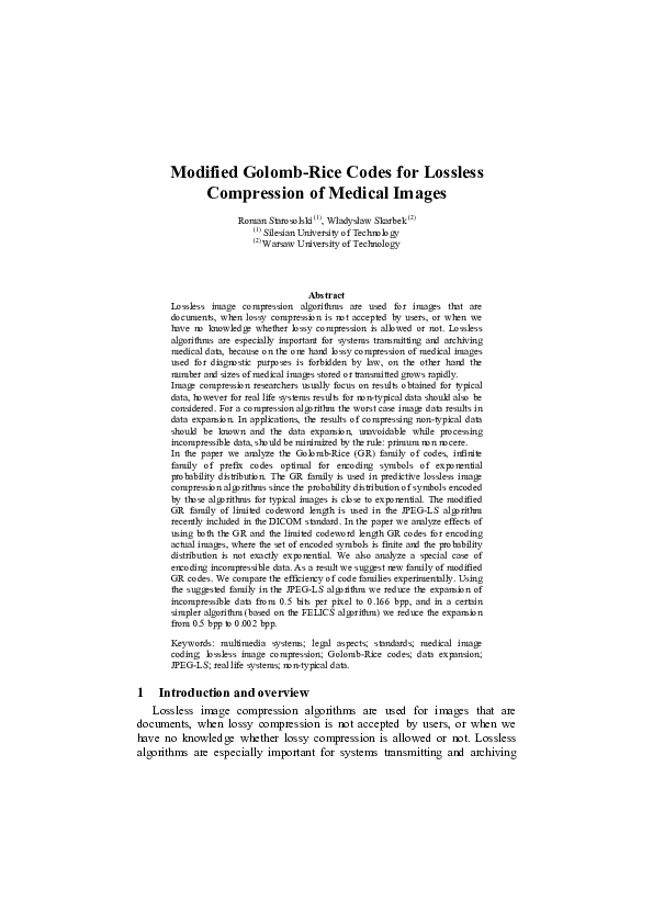 (PDF) Modified Golomb-Rice Codes for Lossless Compression of Medical Images