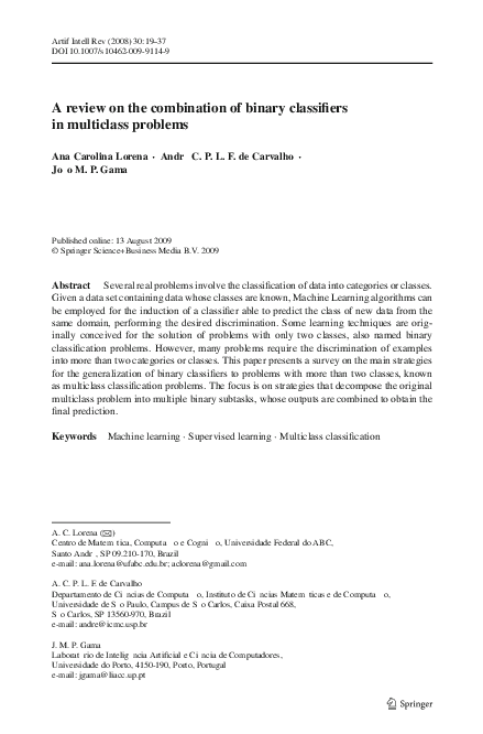 (PDF) A review on the combination of binary classifiers in multiclass problems