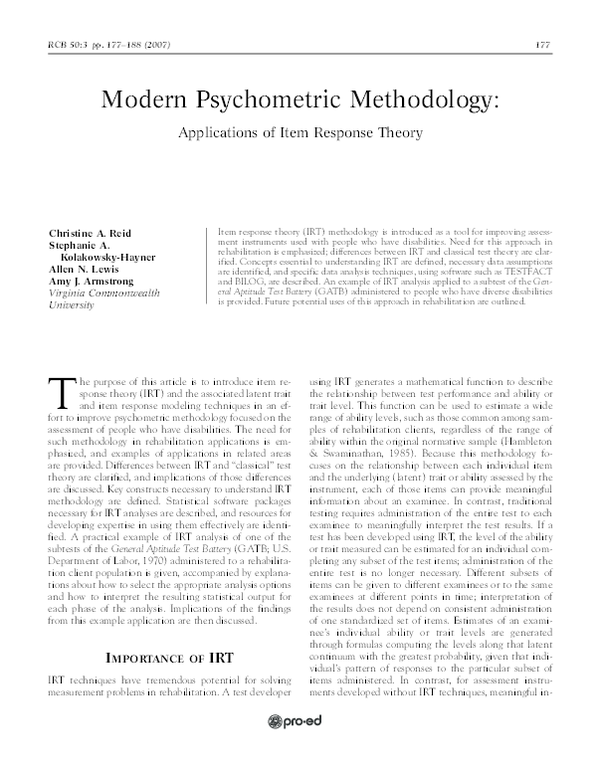 (PDF) Modern Psychometric Methodology: Applications of Item Response Theory