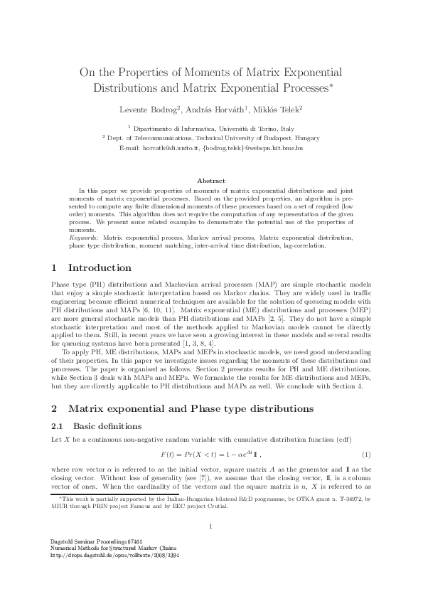 (PDF) On the Properties of Moments of Matrix Exponential Distributions ...