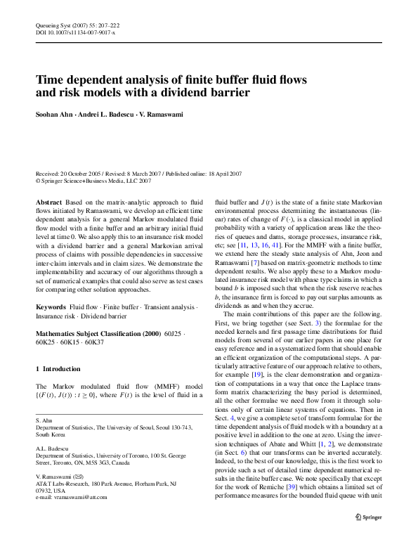 (PDF) Time dependent analysis of finite buffer fluid flows and risk models with a dividend barrier