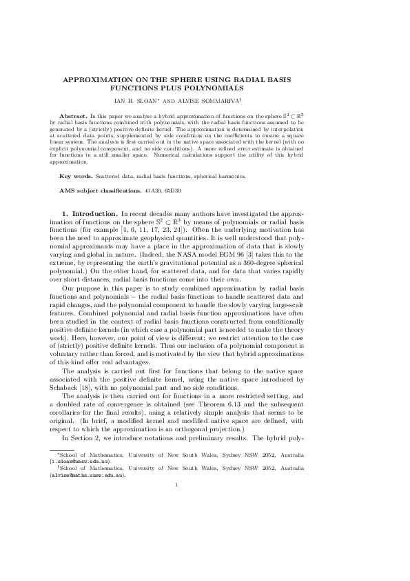 (PDF) Approximation on the sphere using radial basis functions plus polynomials