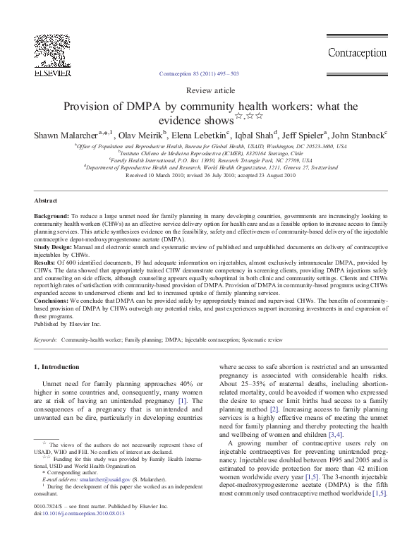 (PDF) Provision of DMPA by community health workers: what the evidence ...