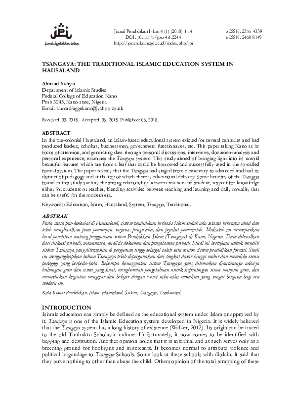 (PDF) Tsangaya: The Traditional Islamic Education System in Hausaland