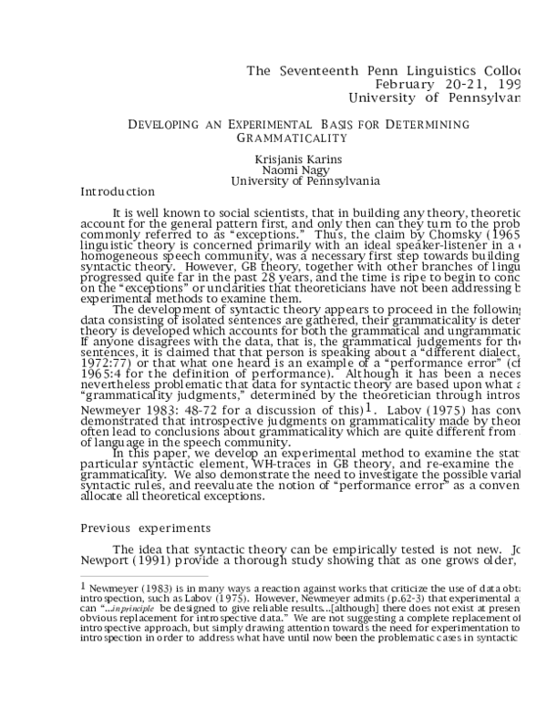 (PDF) Developing An Experimental Basis For Determining Grammaticality ...