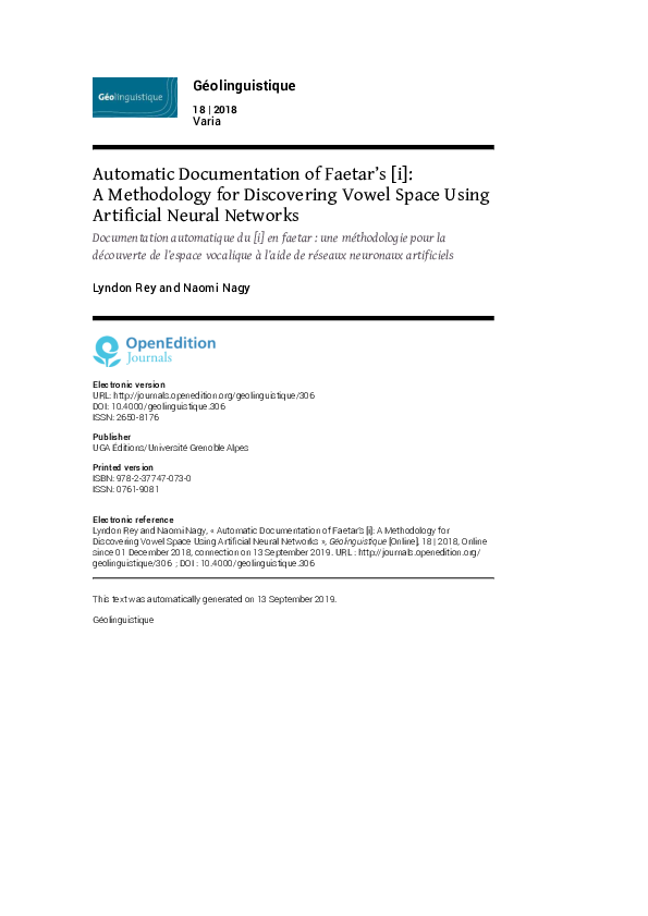 (PDF) Automatic Documentation of Faetar’s [i]: A Methodology for Discovering Vowel Space Using ...