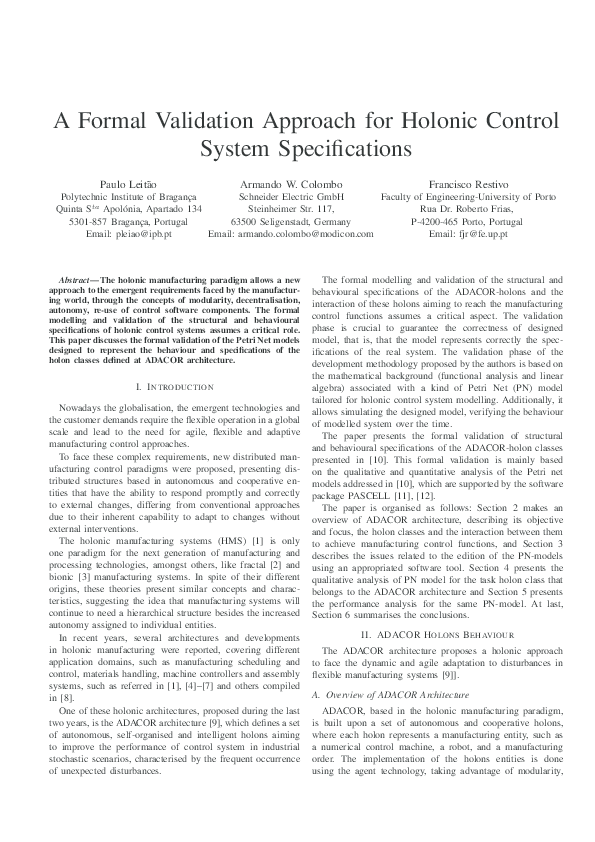 (PDF) A formal validation approach for holonic control system specifications