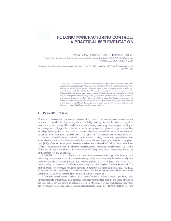 (PDF) Holonic Manufacturing Control: A Practical Implementation
