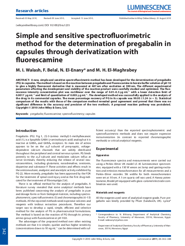 Pdf Simple And Sensitive Spectrofluorimetric Method For The Determination Of Pregabalin In