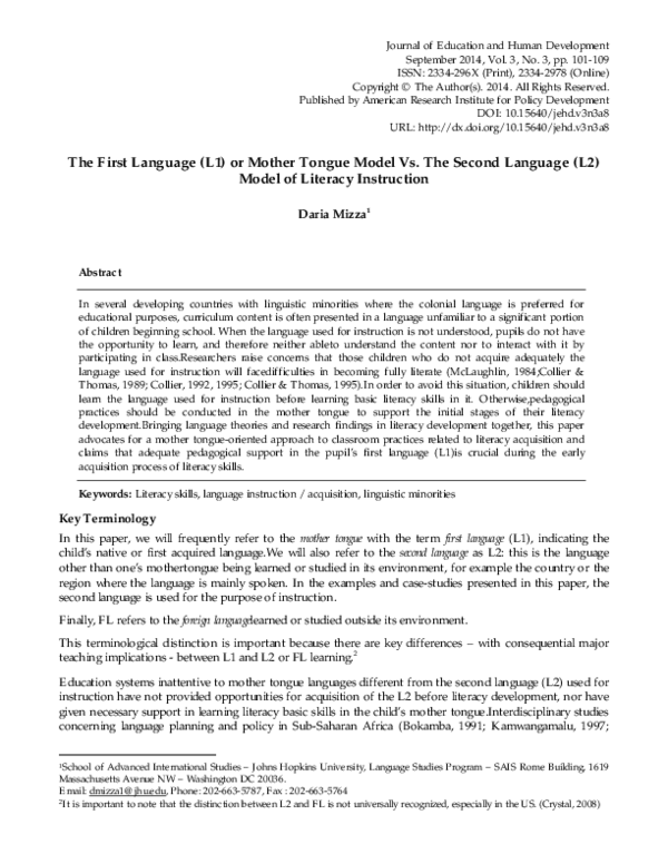 (PDF) The First Language (L1) or Mother Tongue Model Vs. The Second ...