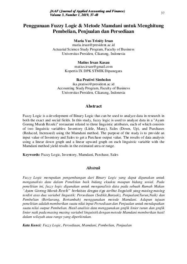 (PDF) Penggunaan Fuzzy Logic Metode Mamdani untuk Menghitung Pembelian, Penjualan dan Persediaan