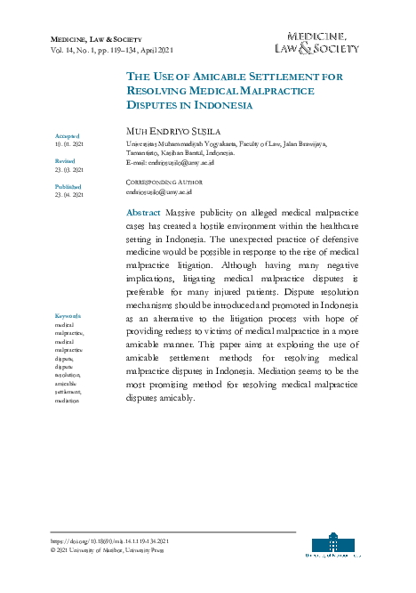 (PDF) THE USE OF AMICABLE SETTLEMENT FOR RESOLVING MEDICAL MALPRACTICE ...