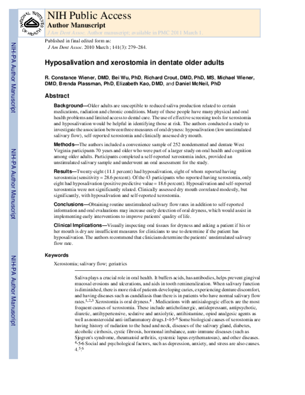 (PDF) Hyposalivation and Xerostomia in Dentate Older Adults