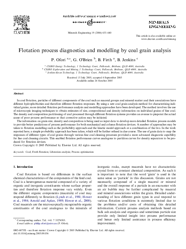 (PDF) Flotation process diagnostics and modelling by coal grain analysis