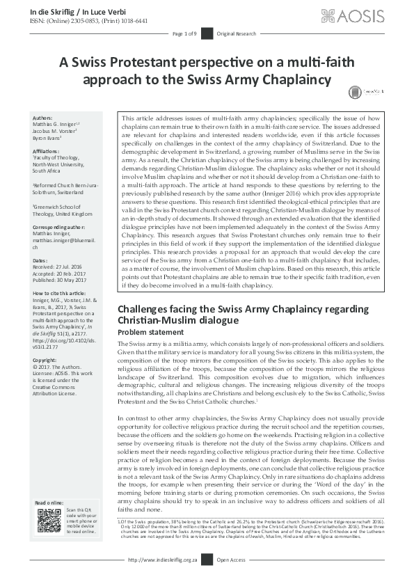 (PDF) A Swiss Protestant perspective on a multi-faith approach to the ...