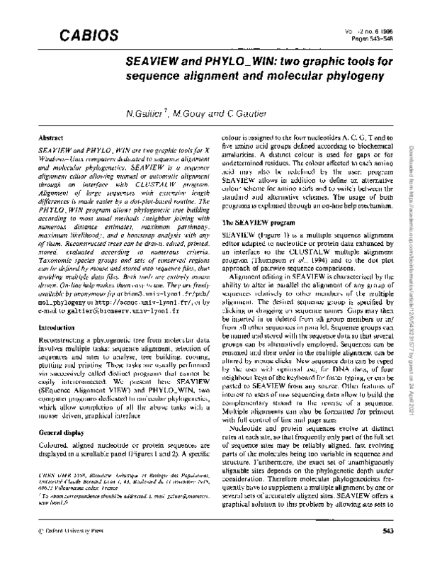 (PDF) SEAVIEW and PHYLO_WIN: two graphic tools for sequence alignment and molecular phylogeny