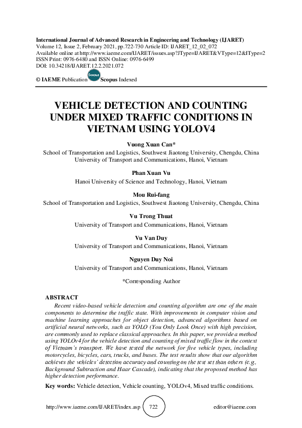 Pdf Vehicle Detection And Counting Under Mixed Traffic Conditions In Vietnam Using Yolov4