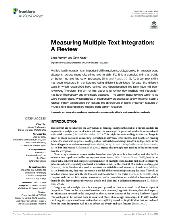 (PDF) Measuring Multiple Text Integration: A Review