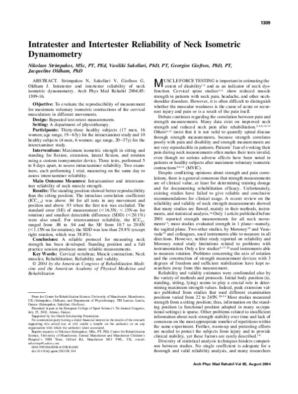 (PDF) Intratester and intertester reliability of neck isometric dynamometry
