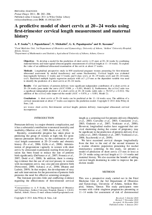(PDF) A predictive model of short cervix at 20-24 weeks using first ...