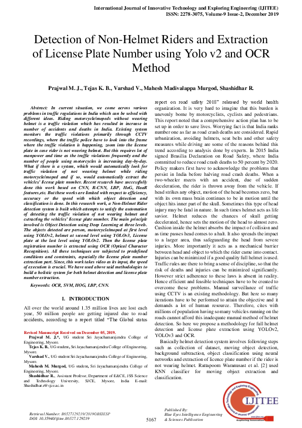 Pdf Detection Of Non Helmet Riders And Extraction Of License Plate