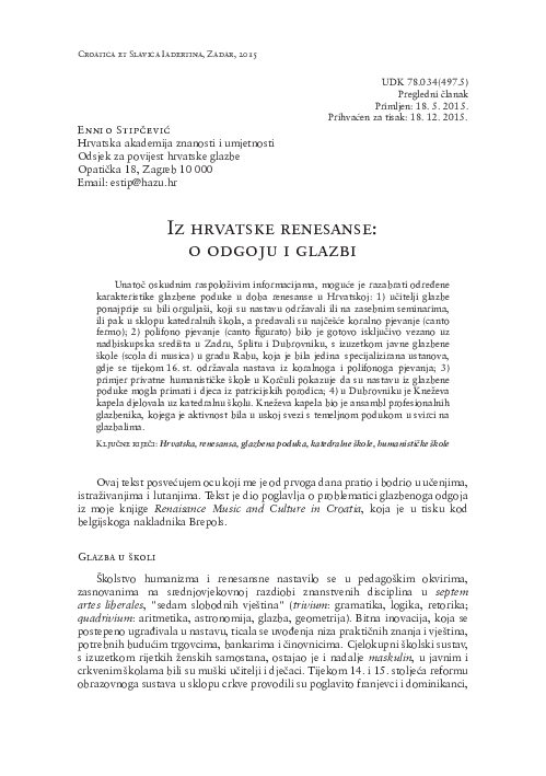 (PDF) Iz hrvatske renesanse: o odgoju i glazbi