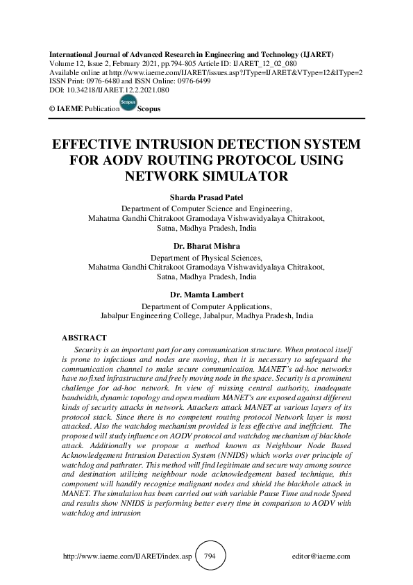 Pdf Effective Intrusion Detection System For Aodv Routing Protocol Using Network Simulator