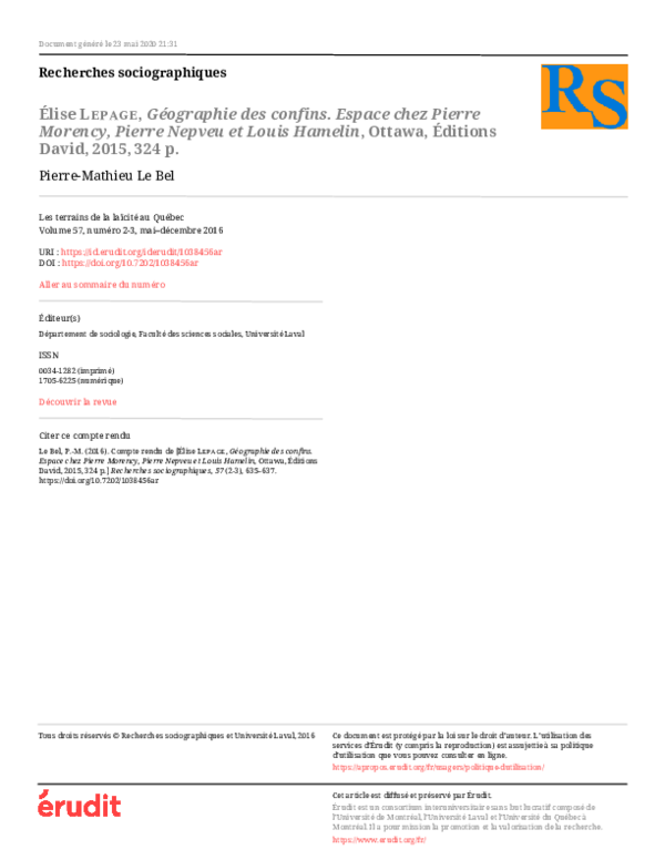 (PDF) Élise Lepage, Géographie des confins. Espace chez Pierre Morency ...