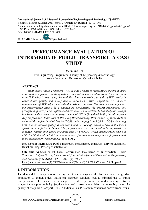 (PDF) PERFORMANCE EVALUATION OF INTERMEDIATE PUBLIC TRANSPORT: A CASE STUDY