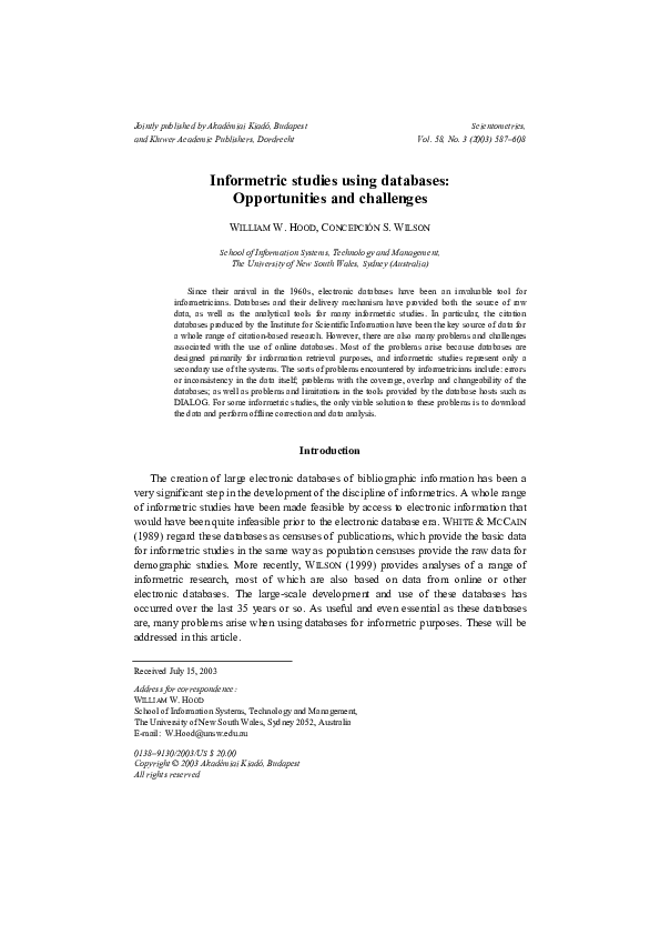 (PDF) Informetric studies using databases: Opportunities and challenges