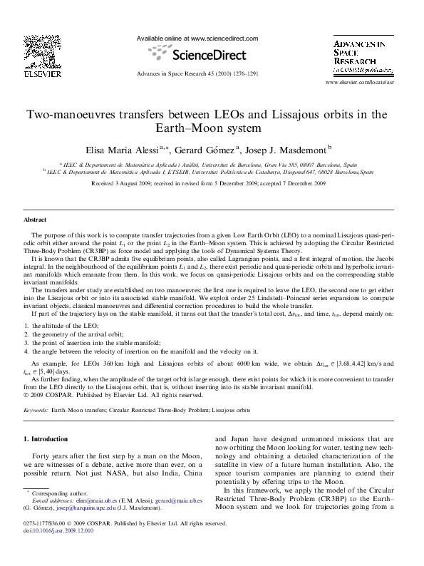 (PDF) Study of the transfer between libration point orbits and lunar orbits in Earth–Moon system ...
