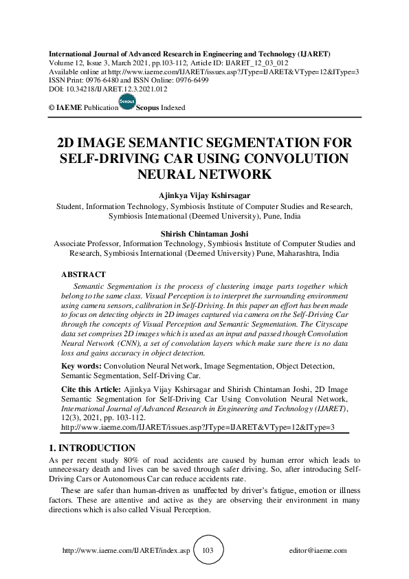 Pdf 2d Image Semantic Segmentation For Self Driving Car Using Convolution Neural Network