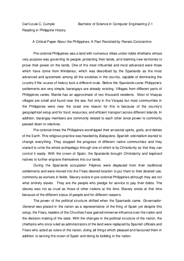 (PDF) The Philippines A Past Revisited Critique Paper by Carl Louie C ...