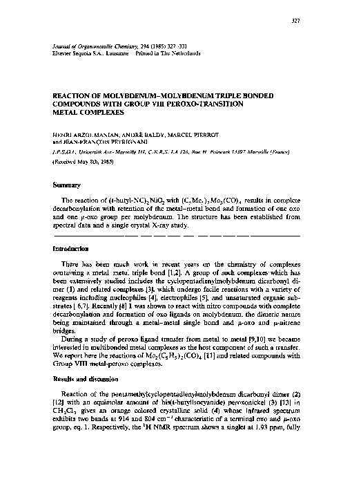 (PDF) Reaction of molybdenum—molybdenum triple bonded compounds with ...